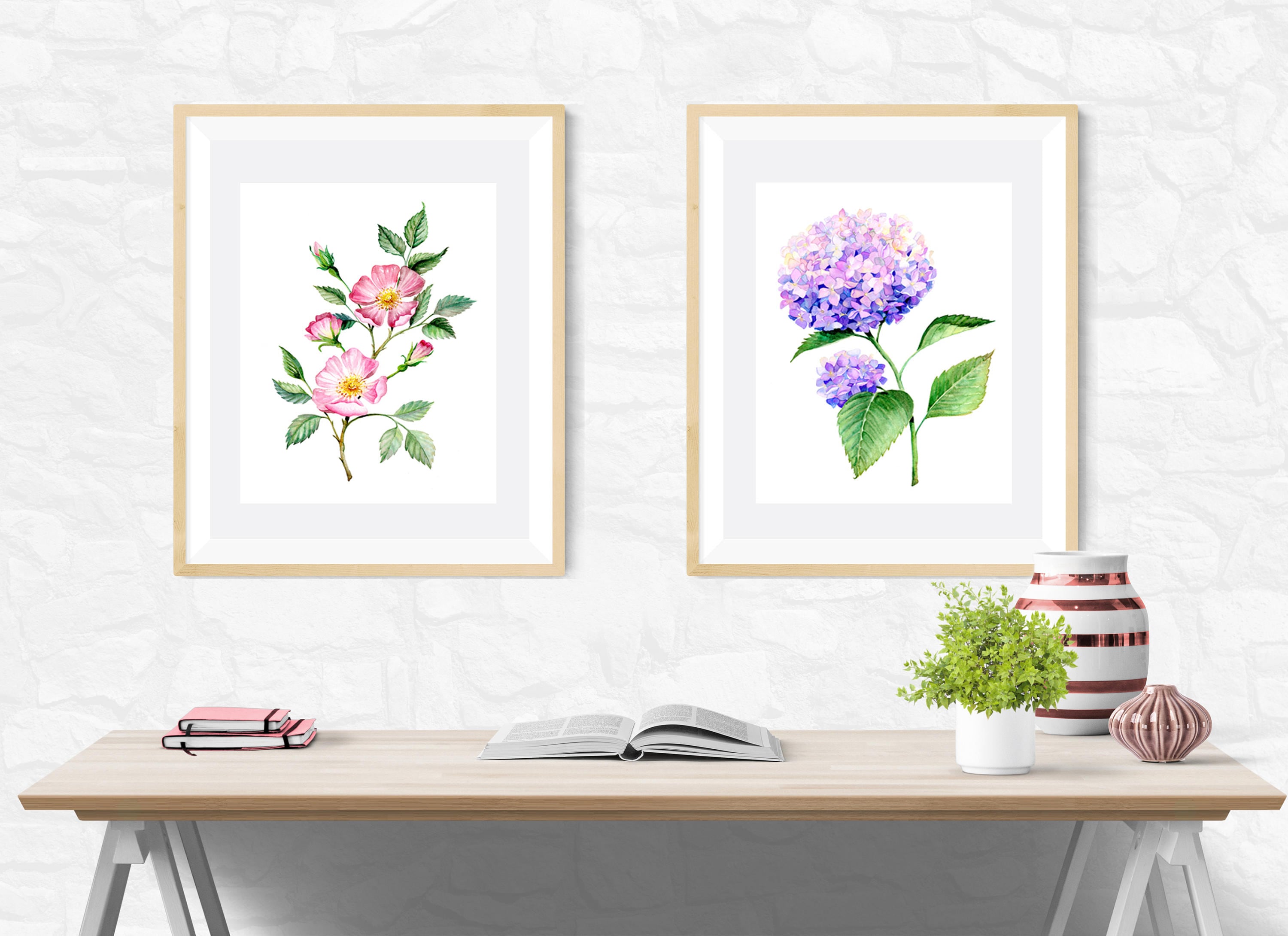 Botanical Flower Art Prints Pair hydrangea orchid rose tulip | Etsy