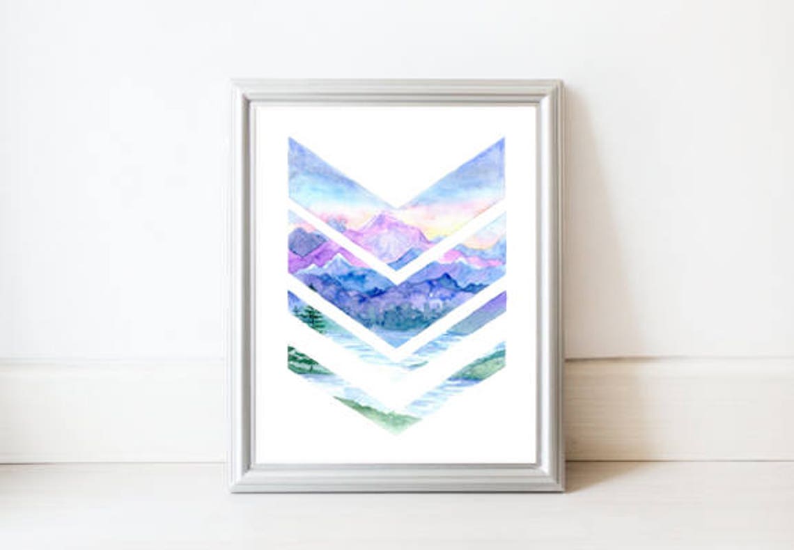 Mountains With Chevrons Watercolor Print Wall Art Woodland - Etsy Australia