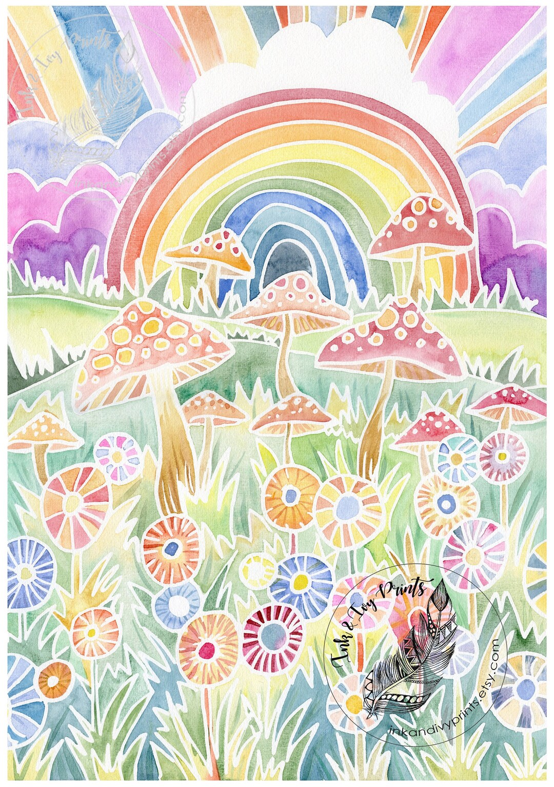 Rainbow & Toadstools Art Print, Colourful Abstract Children's Wall Art ...