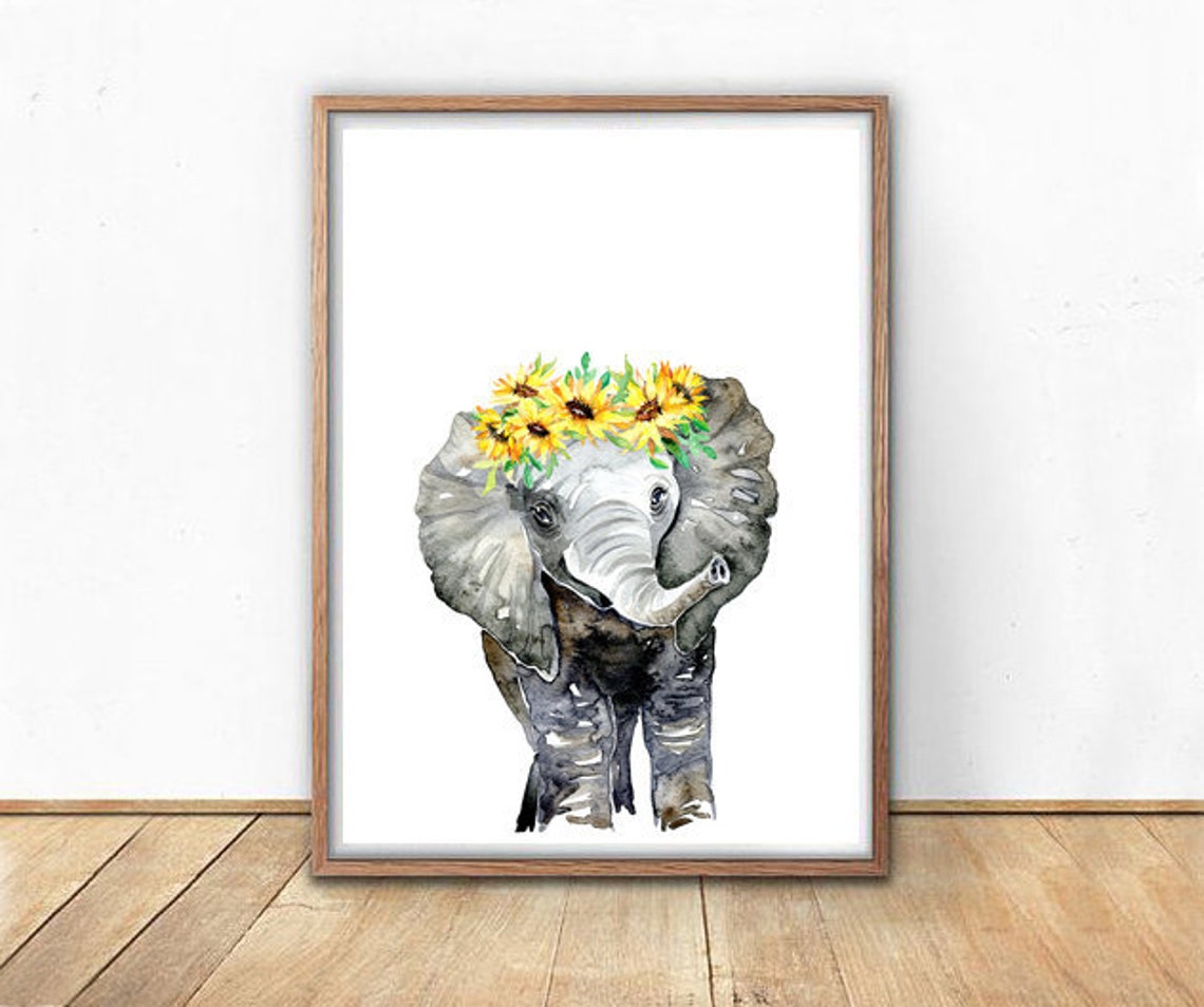 Elephant With Sunflower Wreath Art Print Flower Crown Girls | Etsy