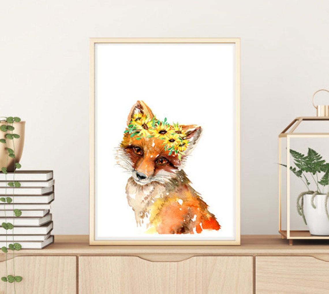 Fox With Sunflower Crown Art Print Floral Wreath Painting - Etsy