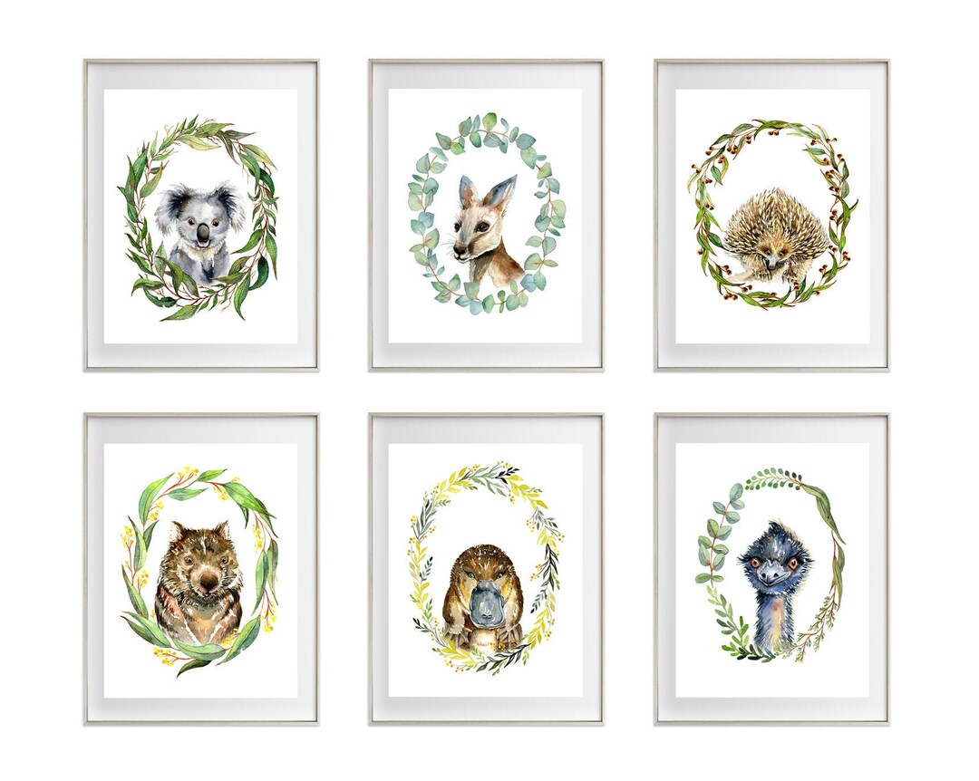 Australian Native Animals in Gumleaf Wreaths, Aussie Nursery Art Prints ...