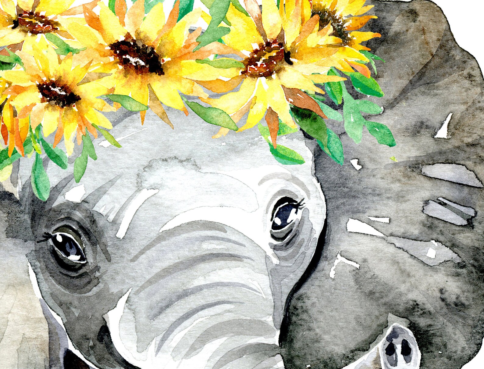 Elephant With Sunflower Wreath Art Print, Flower Crown, Girls Nursery ...