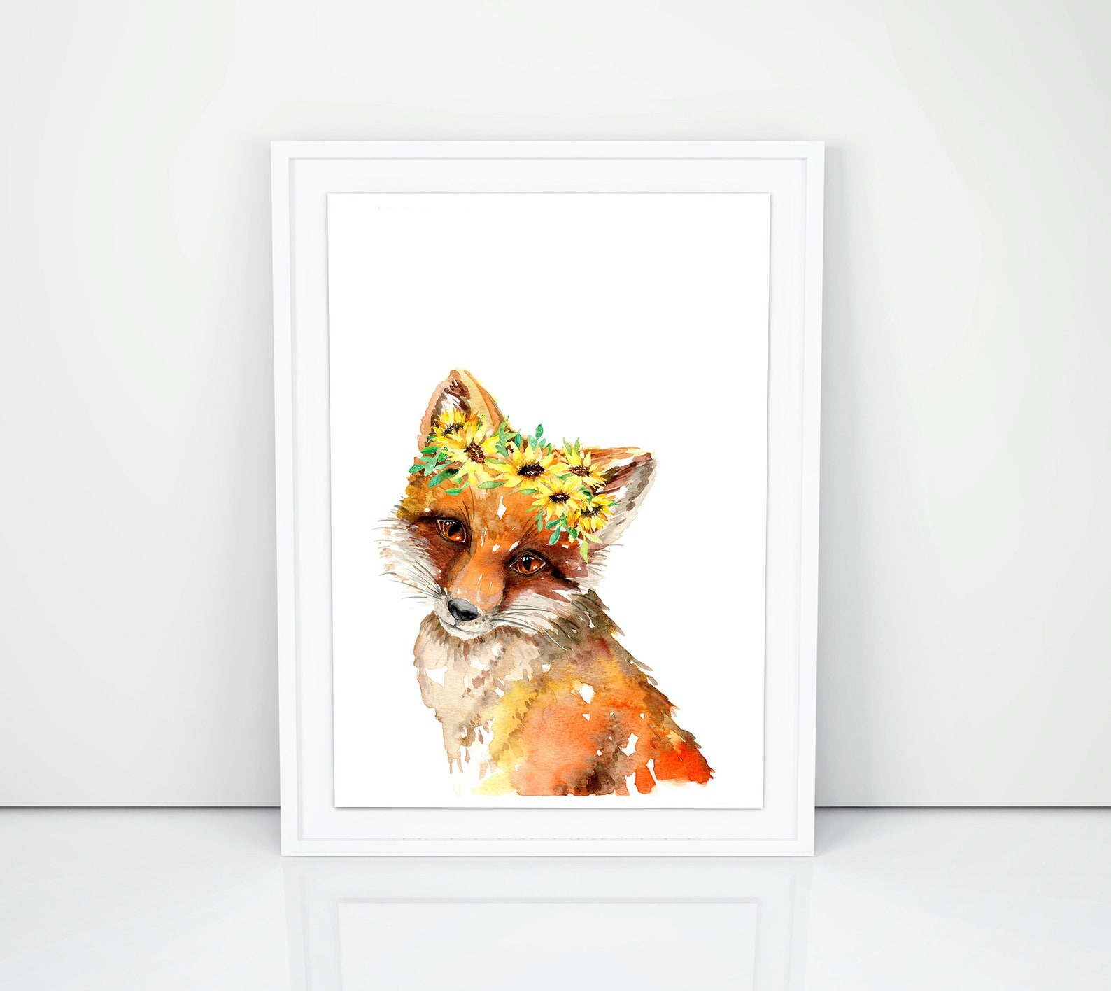 Fox With Sunflower Crown Art Print Floral Wreath Painting | Etsy