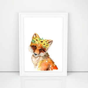 Fox With Sunflower Crown Art Print, Floral Wreath Painting, Nursery ...