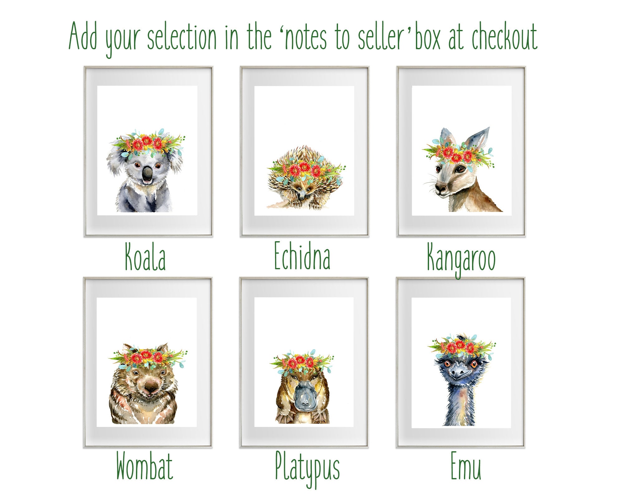 Australian Animals Watercolour Prints Set of 4. Flower Crown - Etsy