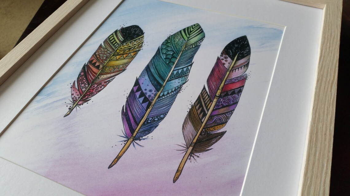 Three Feathers Watercolour Print Zentangle Boho Tribal Art - Etsy
