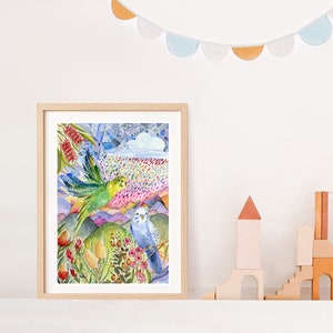 Budgies Art Print, Abstract Bird Painting, Colourful Watercolour ...