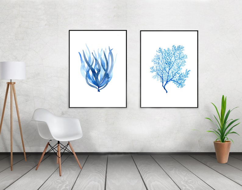Blue Coral Pair of Art Prints / Hampton's Style Wall Art / Office Print ...