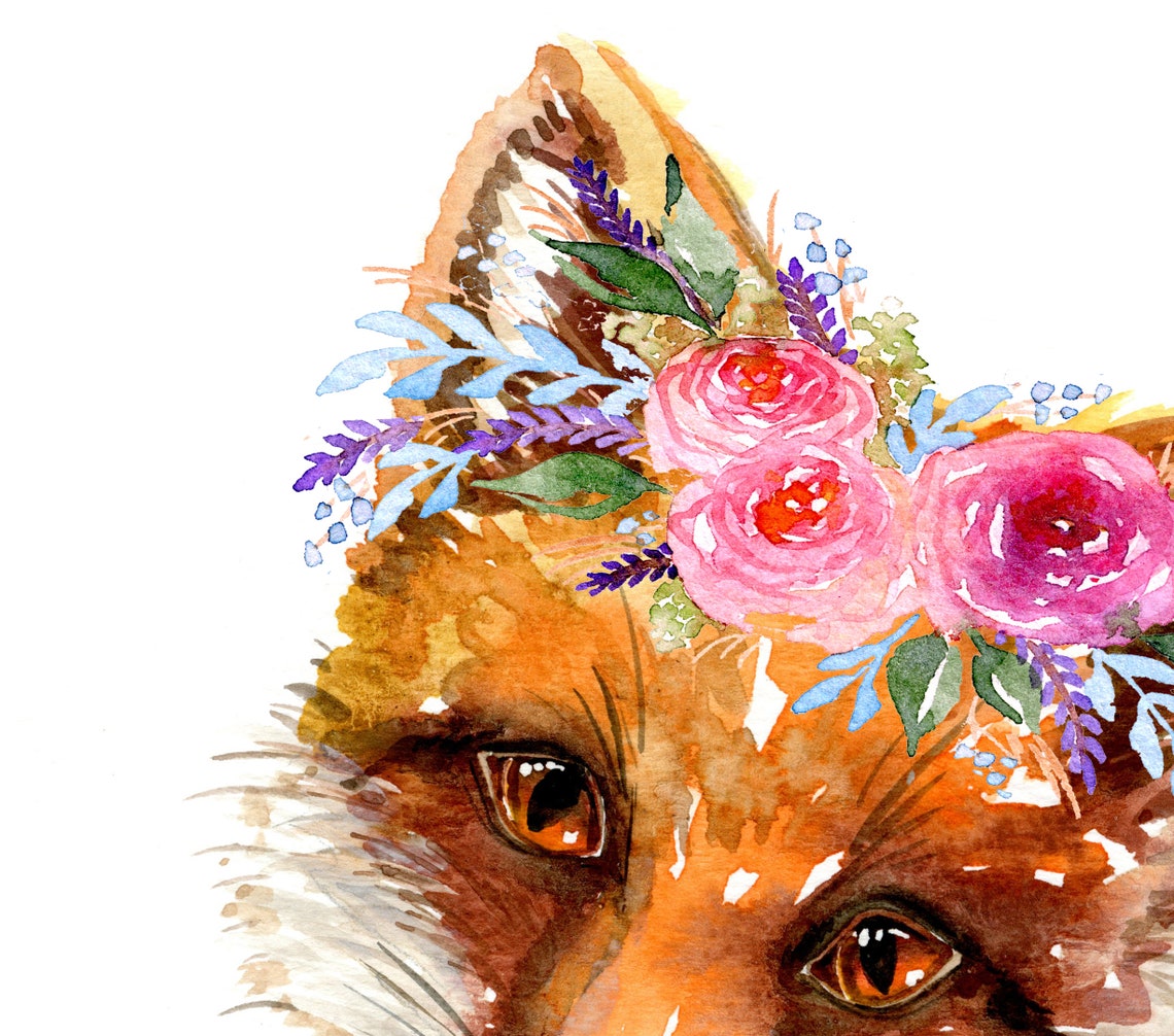 Fox With Flower Crown Art Print Floral Wreath Girl or Boy - Etsy