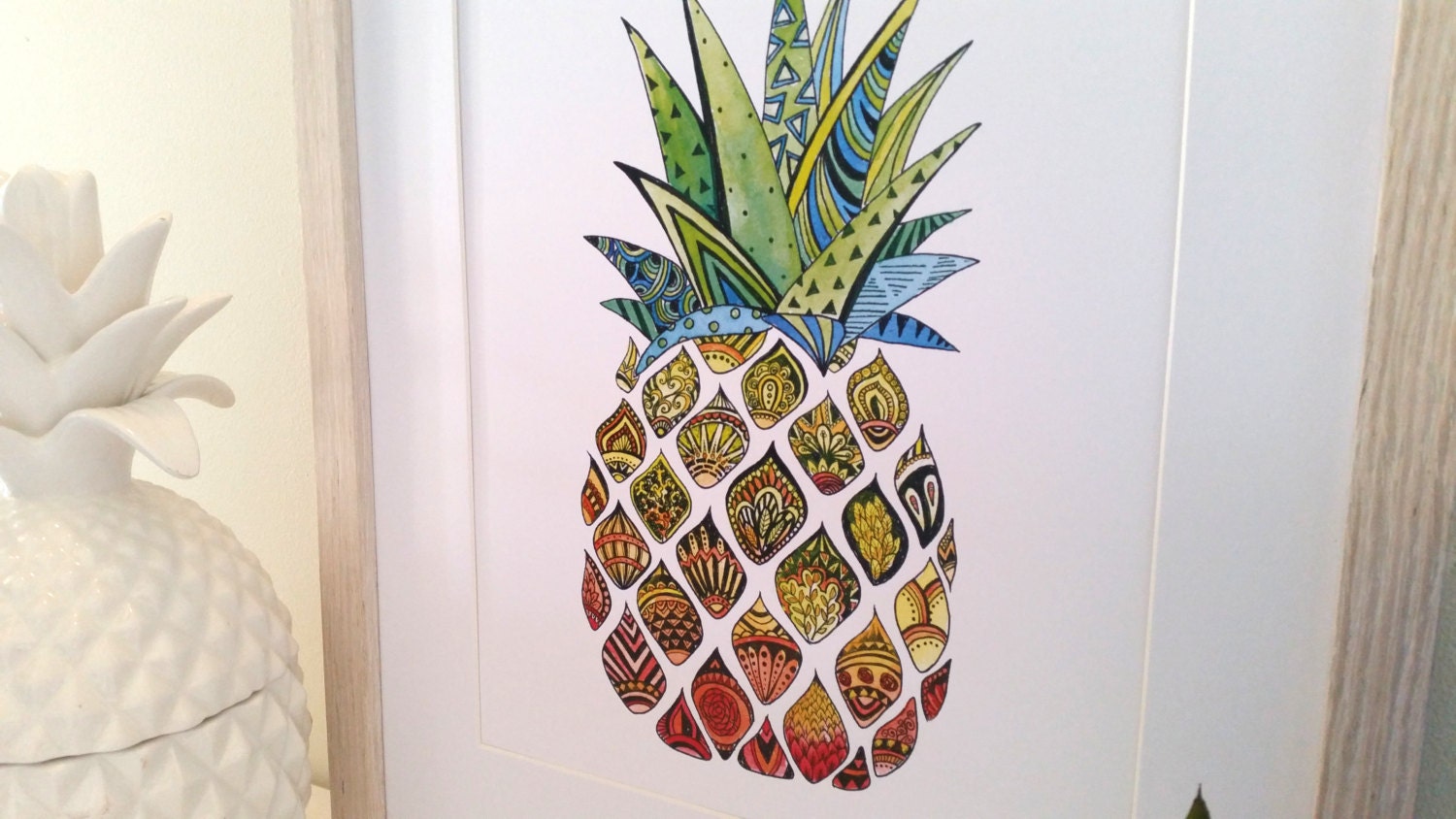 Zentangle Pineapple Watercolour Print, Home Decor, Modern Wall Art, Pineapple Art Print, Funky ...