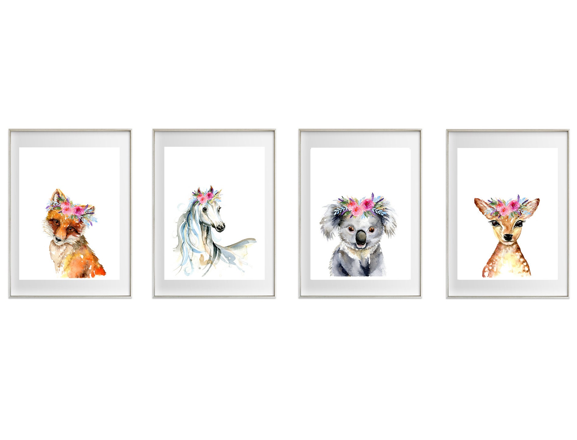 Animals With Flower Crowns Nursery Art, Watercolour Prints - Set of 4 ...