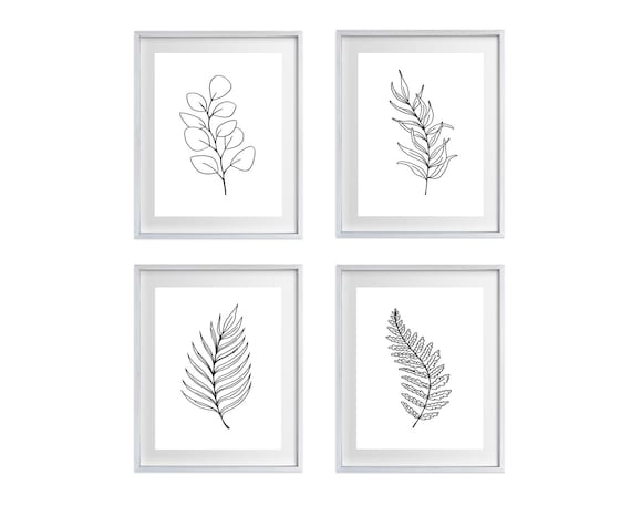 Leaf Line Drawing Art Prints set of 4 / Black and white | Etsy