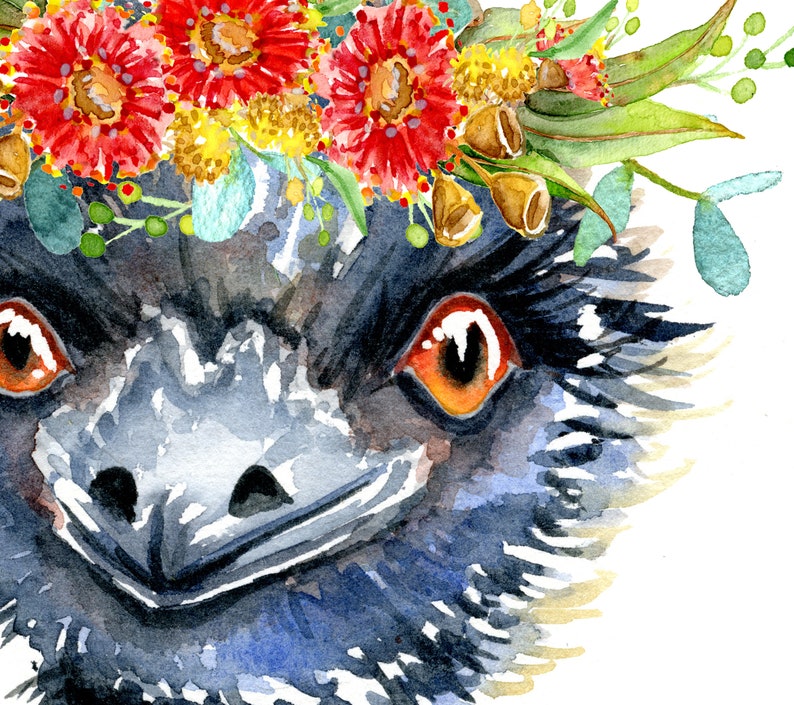 Emu Flower Crown Art Print, Watercolour Painting, Australian Animal ...