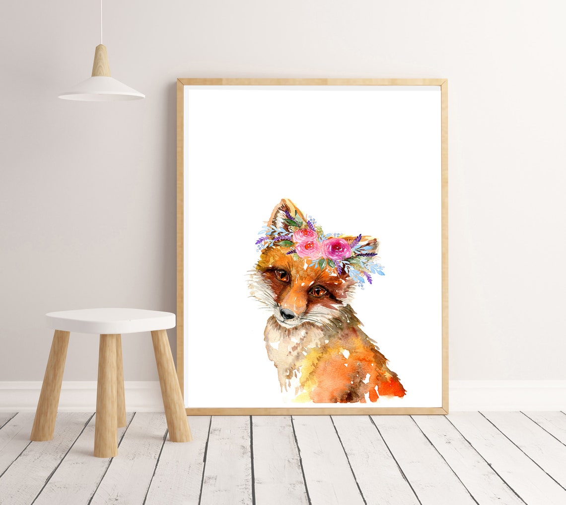 Fox with Flower Crown Art Print floral wreath girl or boy | Etsy