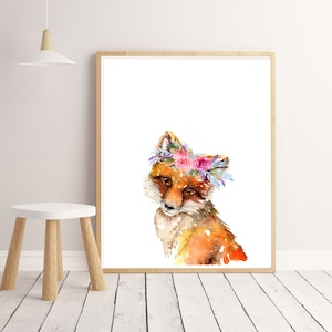 Fox With Flower Crown Art Print, Floral Wreath, Girl or Boy Nursery ...