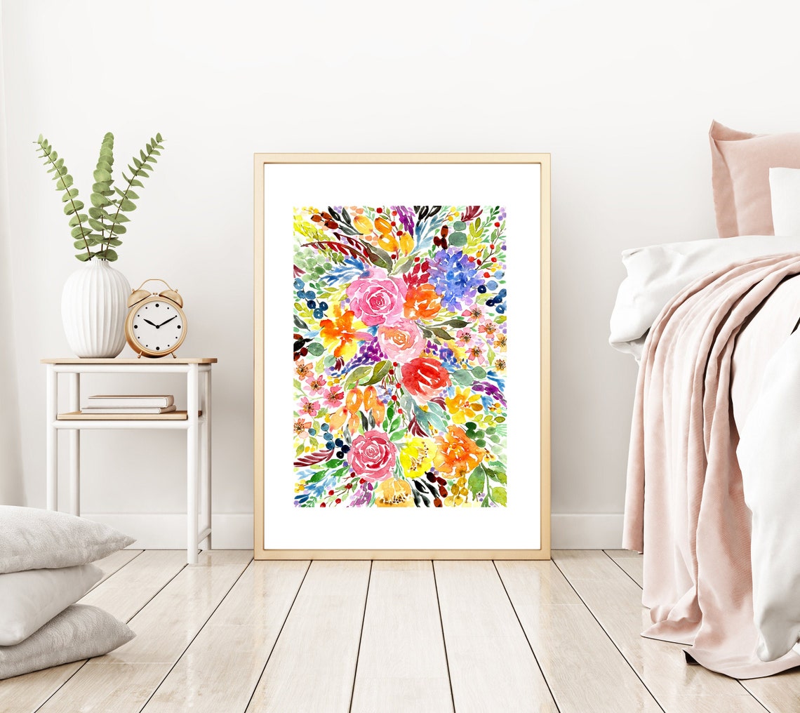 Colourful Spring Flowers Art Print, Floral Watercolour Painting, Bright ...