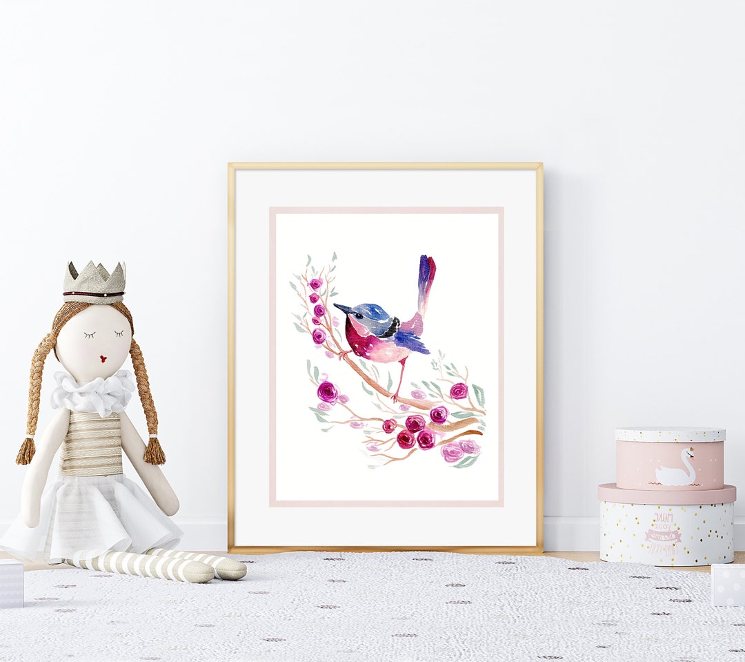 Wren Bird - Pink and Blue Watercolour Print, Home Decor, Office Art ...