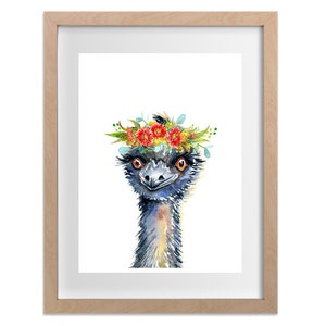Emu Flower Crown Art Print, Watercolour Painting, Australian Animal ...
