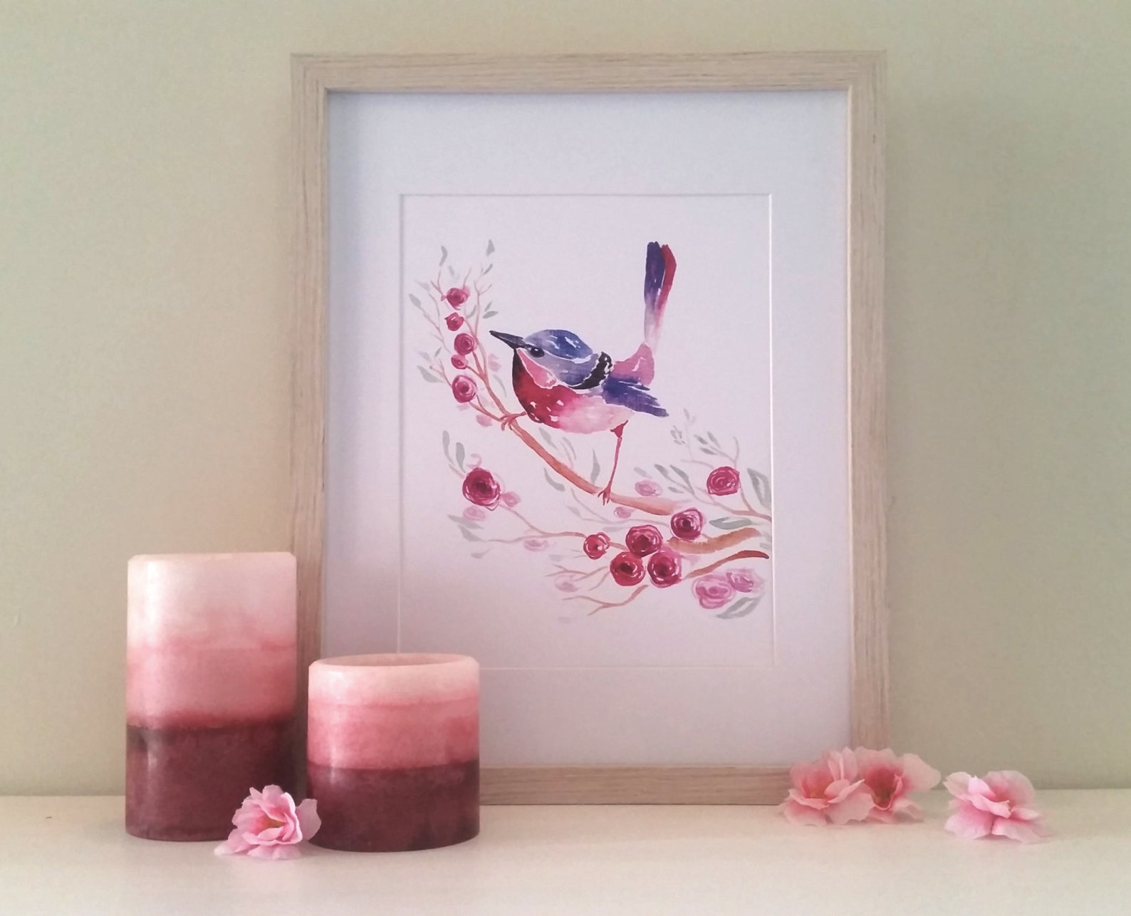 Wren Bird - Pink and Blue Watercolour Print, Home Decor, Office Art ...