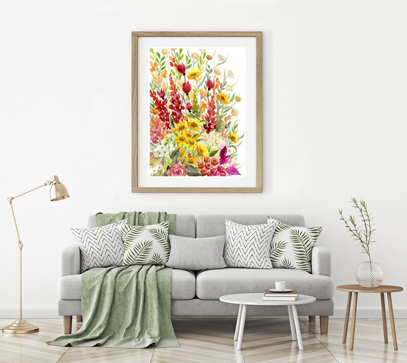 Cottage Garden Wildflowers Art Print, Watercolor Wall Art, Colourful ...