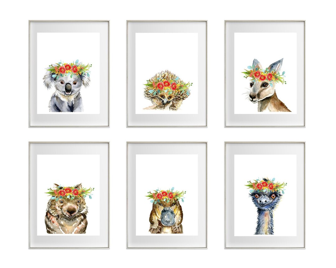 Australian Native Animals With Flower Crowns Art Prints, Set of 6 ...
