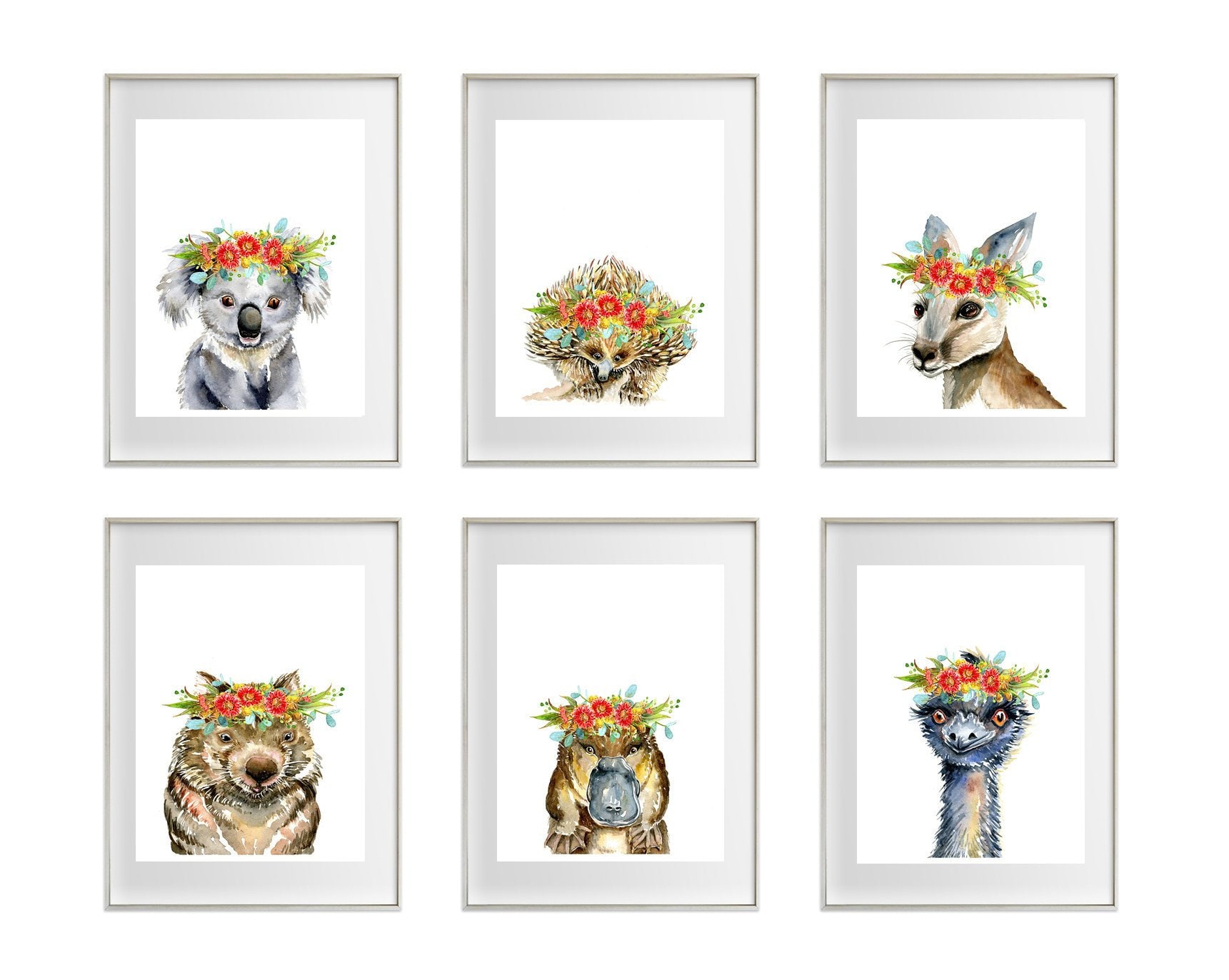 Australian Native Animals with Flower Crowns Art Prints set | Etsy
