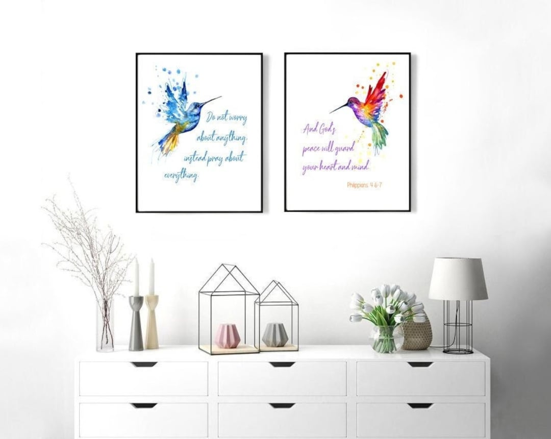 God's Peace Bible Quote Art Print Pair, Philippians 4:6, Hummingbirds ...