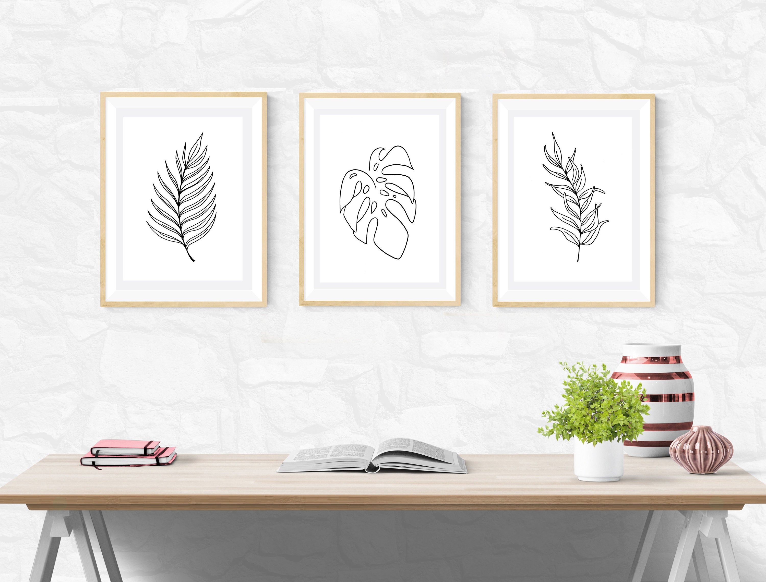 Leaf Line Art Drawing / Set of 3 Prints / Natural Leaves Home - Etsy ...
