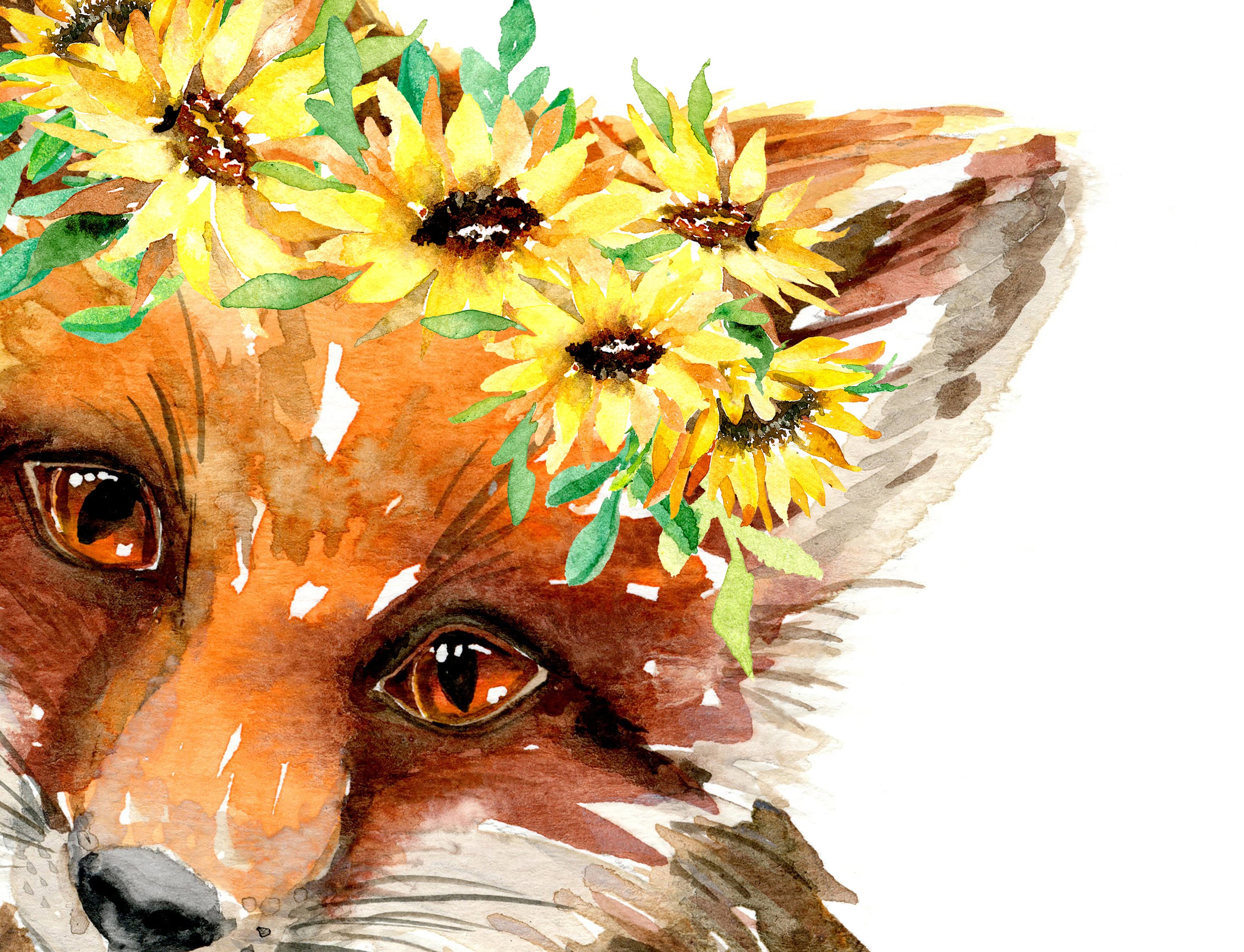 Fox With Sunflower Crown Art Print Floral Wreath Painting - Etsy