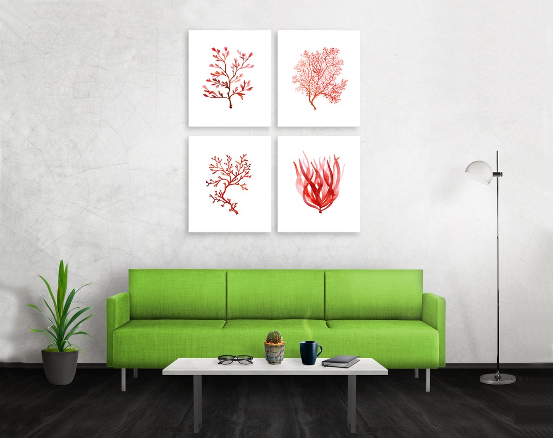 Coral Botanical Watercolour Prints - Set of 4. Rust Red Orange Coloured ...
