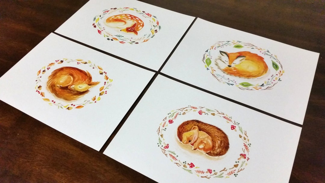 Woodland Nursery Animals Sleeping Art Prints, Set of 4 Watercolour Wall ...