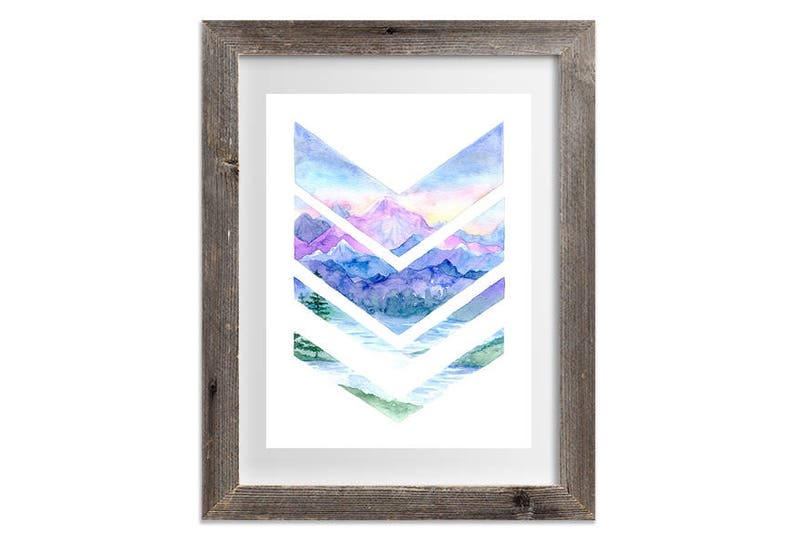 Mountains With Chevrons Watercolor Print, Wall Art, Woodland Nursery ...