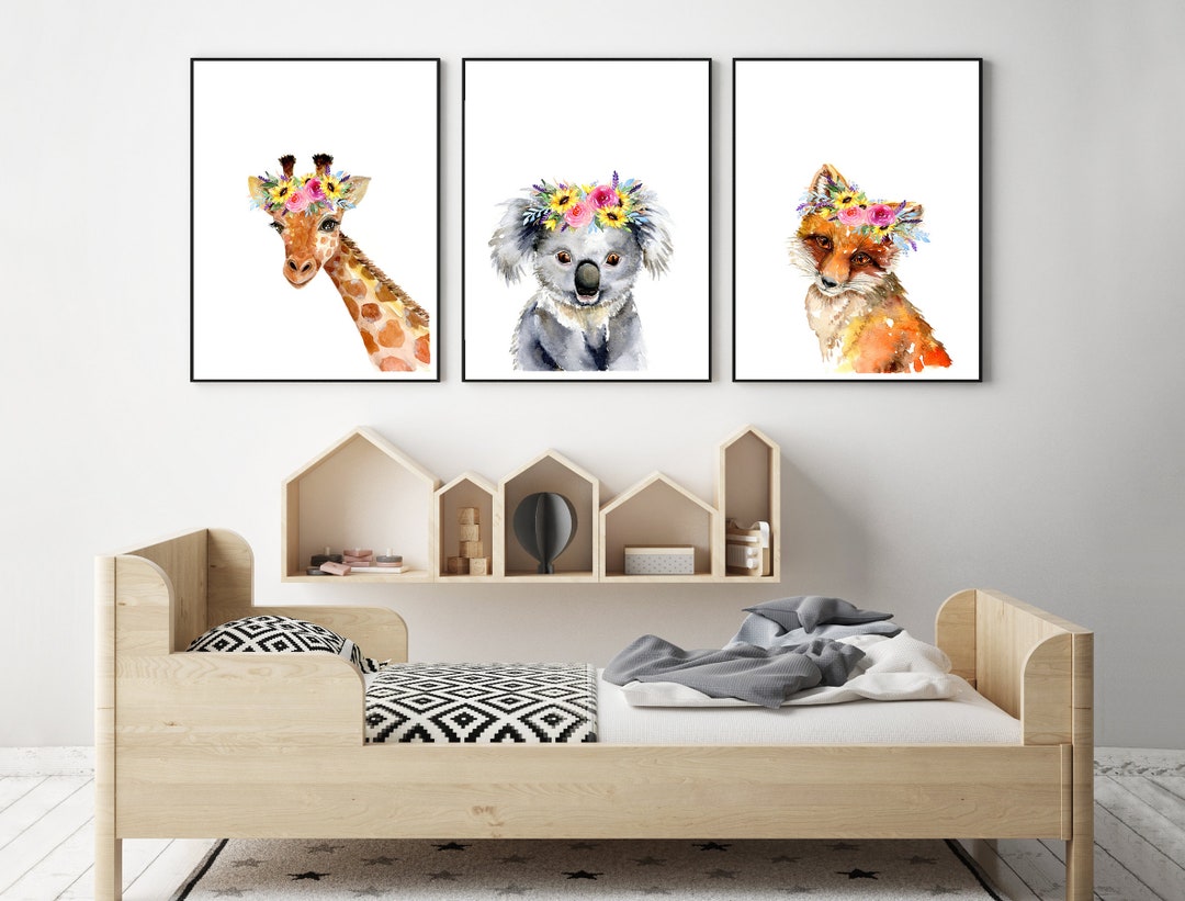 Animal Nursery Art Prints / Giraffe Koala Fox With Flower Sunflower ...
