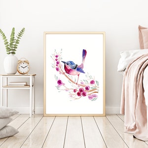 Wren Bird - Pink and Blue Watercolour Print, Home Decor, Office Art ...