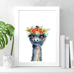 Emu Flower Crown Art Print, Watercolour Painting, Australian Animal ...