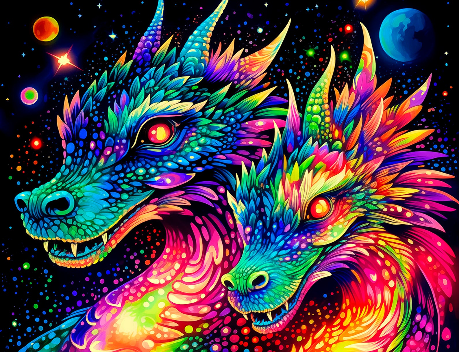 UV Tapestry «dragons Love» Black Light Glow Trippy Psychedelic Dragons ...