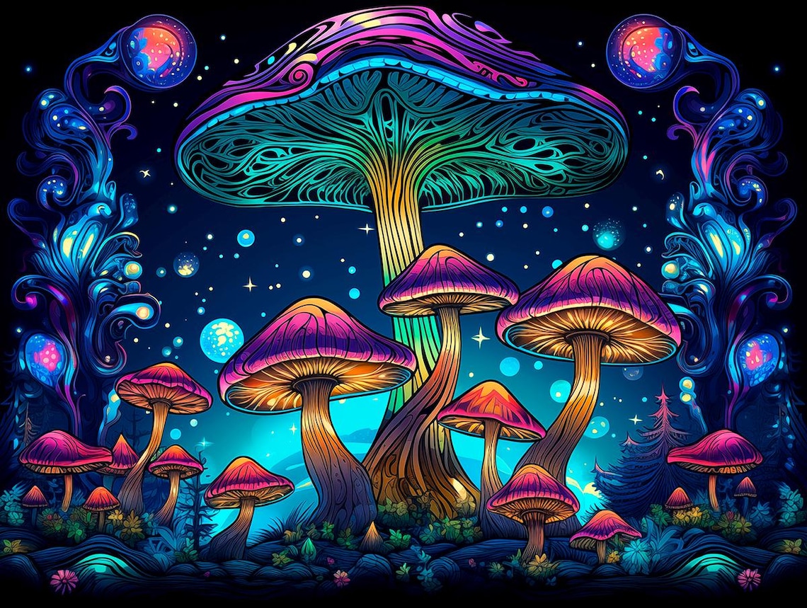 UV TAPESTRY "mushroom Space" Trippy Mushroom Glow Psychedelic Backdrop ...