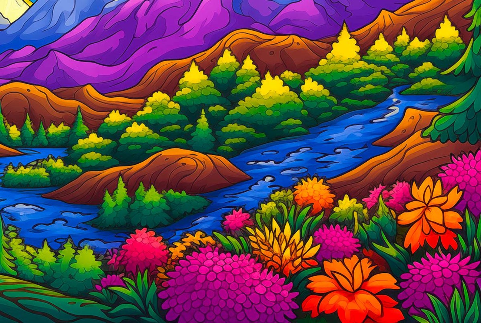UV Backdrop «vibrant Valley» Blacklight Glow Trippy Tapestry Nature ...