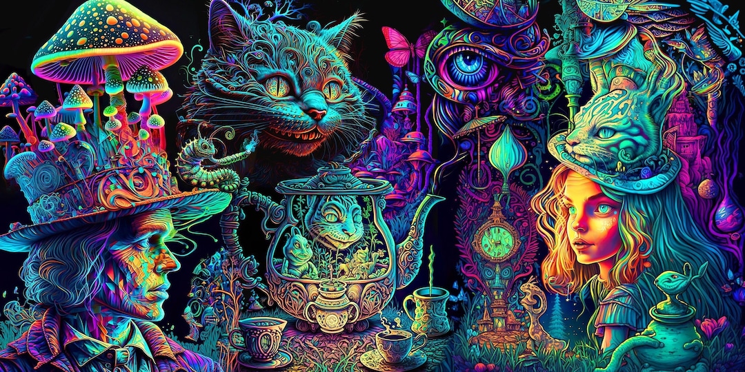 Psychedelic Tapestry alice in Wonderland UV Blacklight Neon Glow Trippy ...