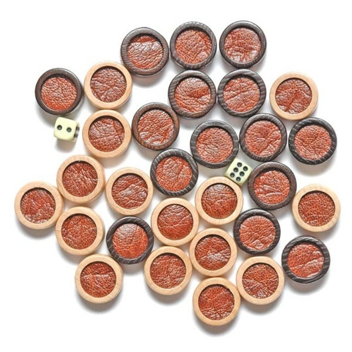 Backgammon pieces Chips with leather and two dice Backgammon | Etsy