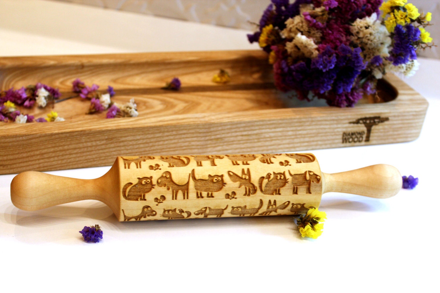 Engraved Rolling Pin Funny CAT & DOG Embossing , Pattern Roller ...