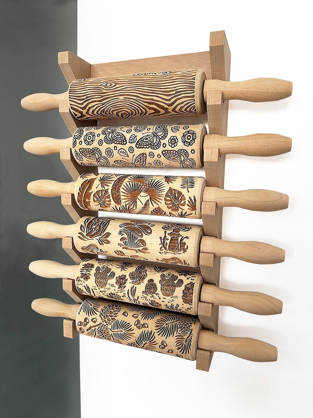 6 Rolling Pins Display Rack, Rolling Pin Holder, Wooden Shelf for ...