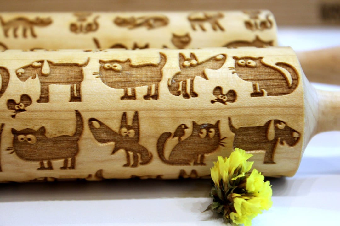Engraved Rolling Pin Funny CAT & DOG Embossing , Pattern Roller ...