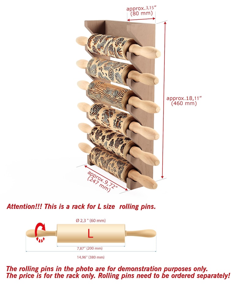 6 Rolling Pins Display Rack, Rolling Pin Holder, Wooden Shelf for ...
