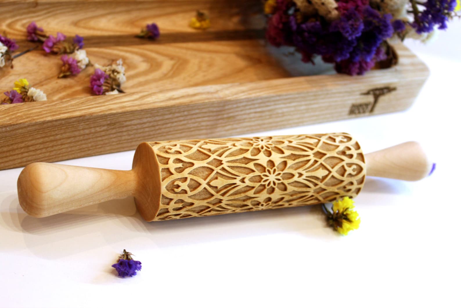 FLOWER Embossing Rolling Pin Laser Engraved, Embossed Dough Roller ...