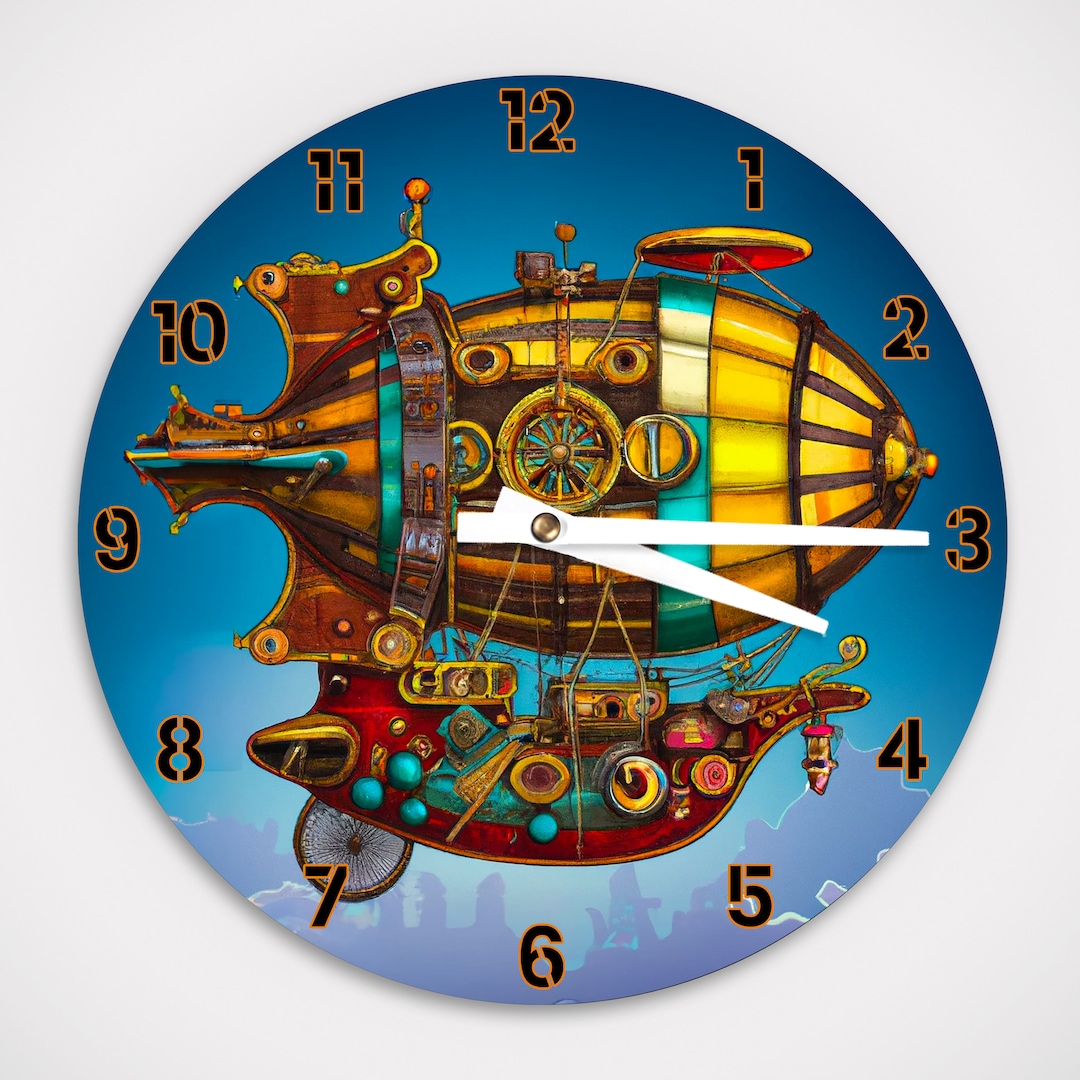 Steampunk Dirigible Aluminum Round Wall Clock 8.125", or Hardboard ...