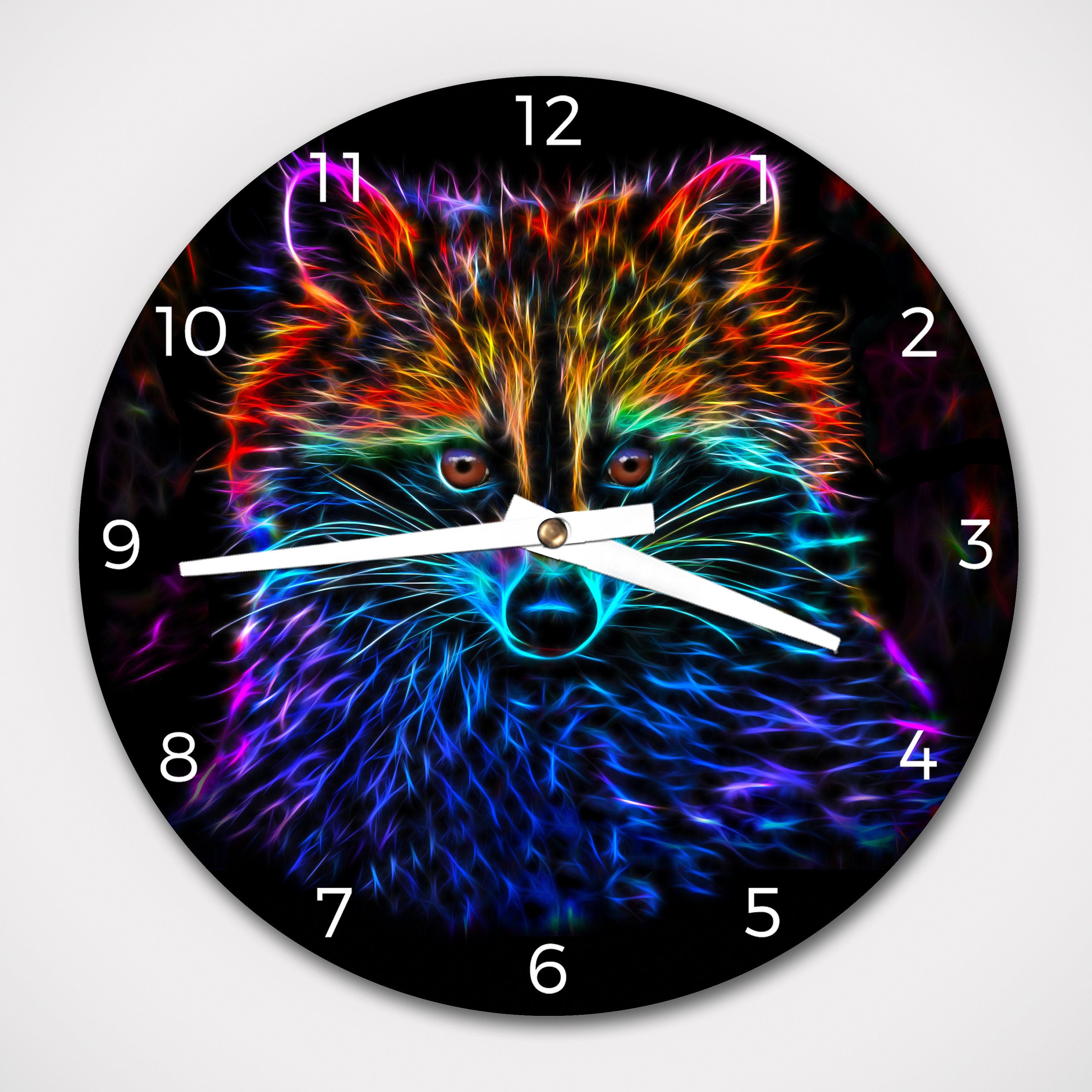 Neon Color Raccoon Aluminum Round Wall Clock 8.125", or Hardboard Round ...