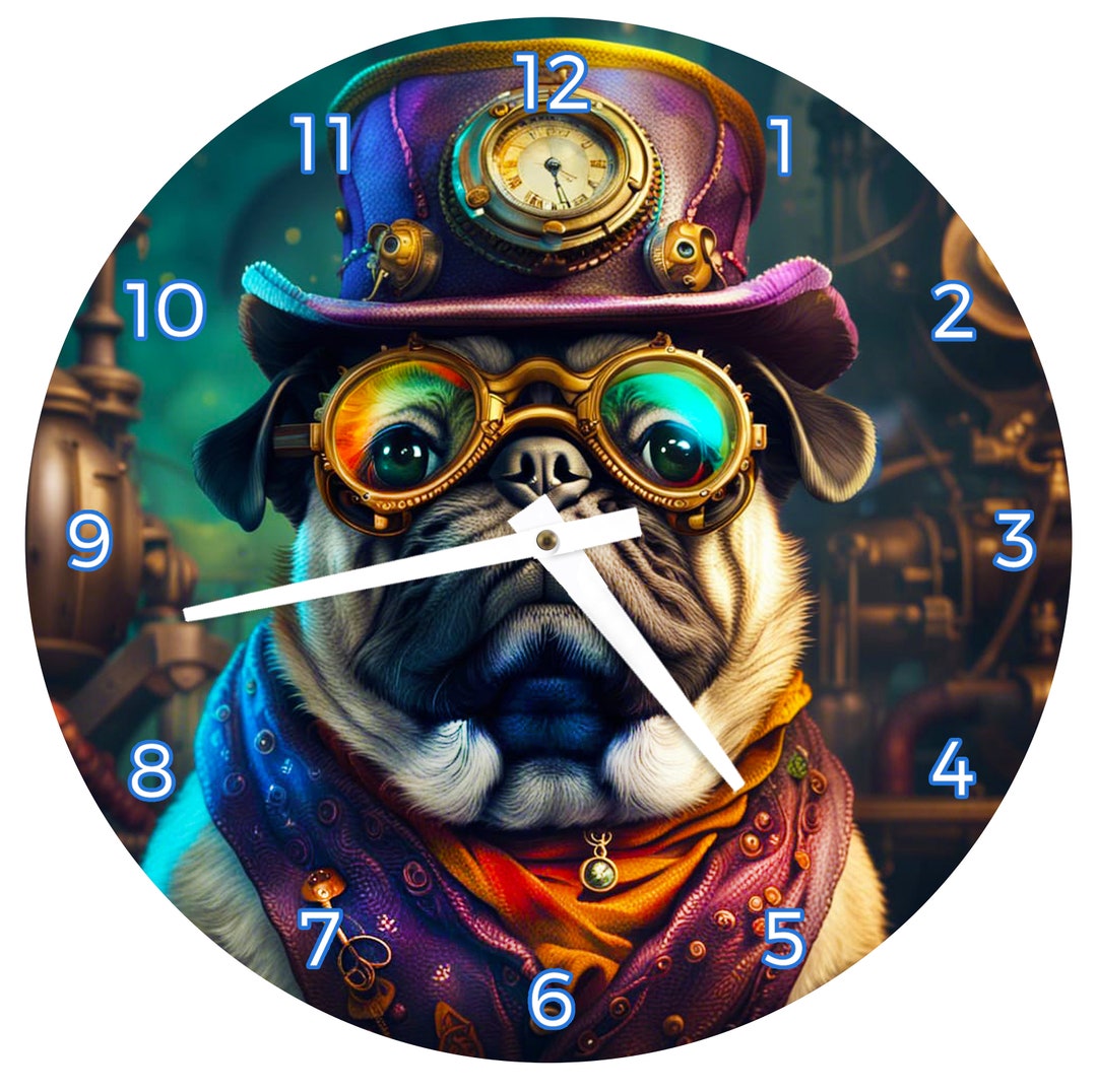 Steampunk Pug Aluminum Round Wall Clock 8.125", or Hardboard Round Wall ...