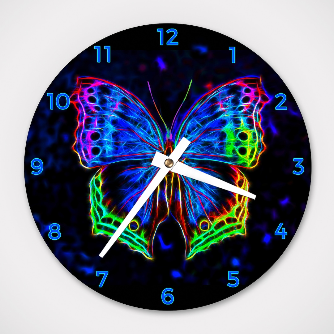 Neon Color Butterfly Aluminum Round Wall Clock 8.125", or Hardboard ...